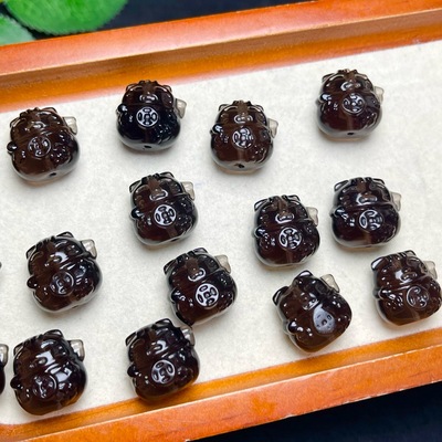 天然冰种黑曜石招财猫通孔 规格17mm diy手串项链 ZW956