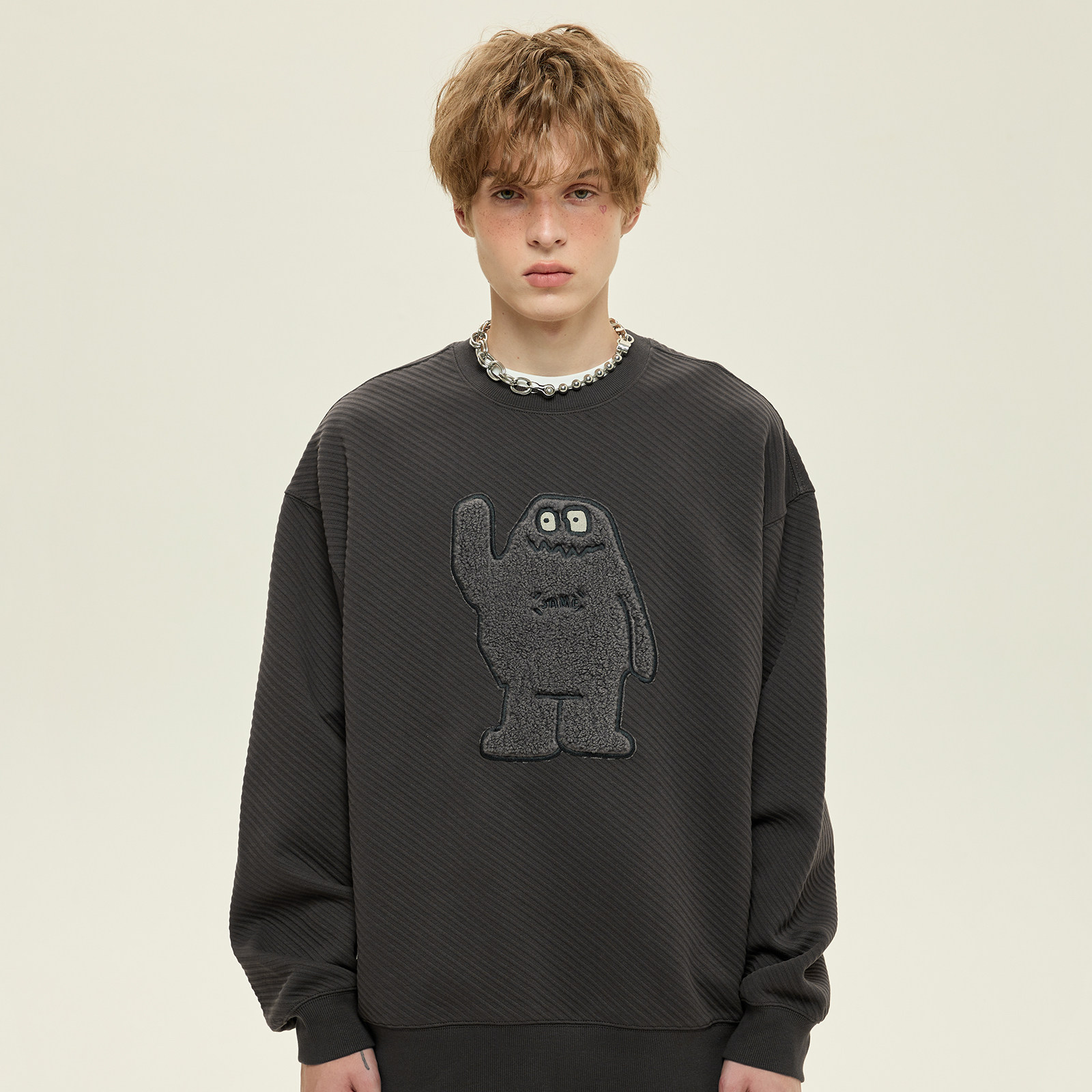 SAMESAME23AW粗斜纹肌理感圆领卫衣毛巾刺绣logo廓形SWEATER男女