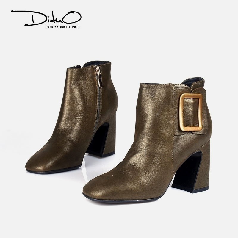 珠光牛皮DIDUO迪朵 知性方扣闪绿色新款异型粗跟扣搭短靴切尔西靴_虎窝淘