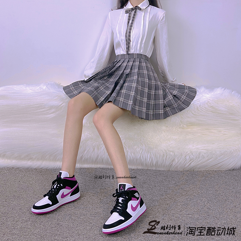 Air Jordan 1 Mid AJ1 AJ1黑紫脚趾玫红黑红中帮女鞋 BQ6472-005_虎窝淘