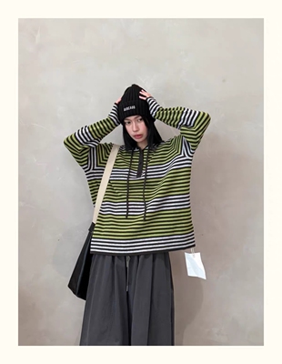 becabeau秋装K6663韩版宽松大码休闲风连帽条纹针织衫毛衣女上衣