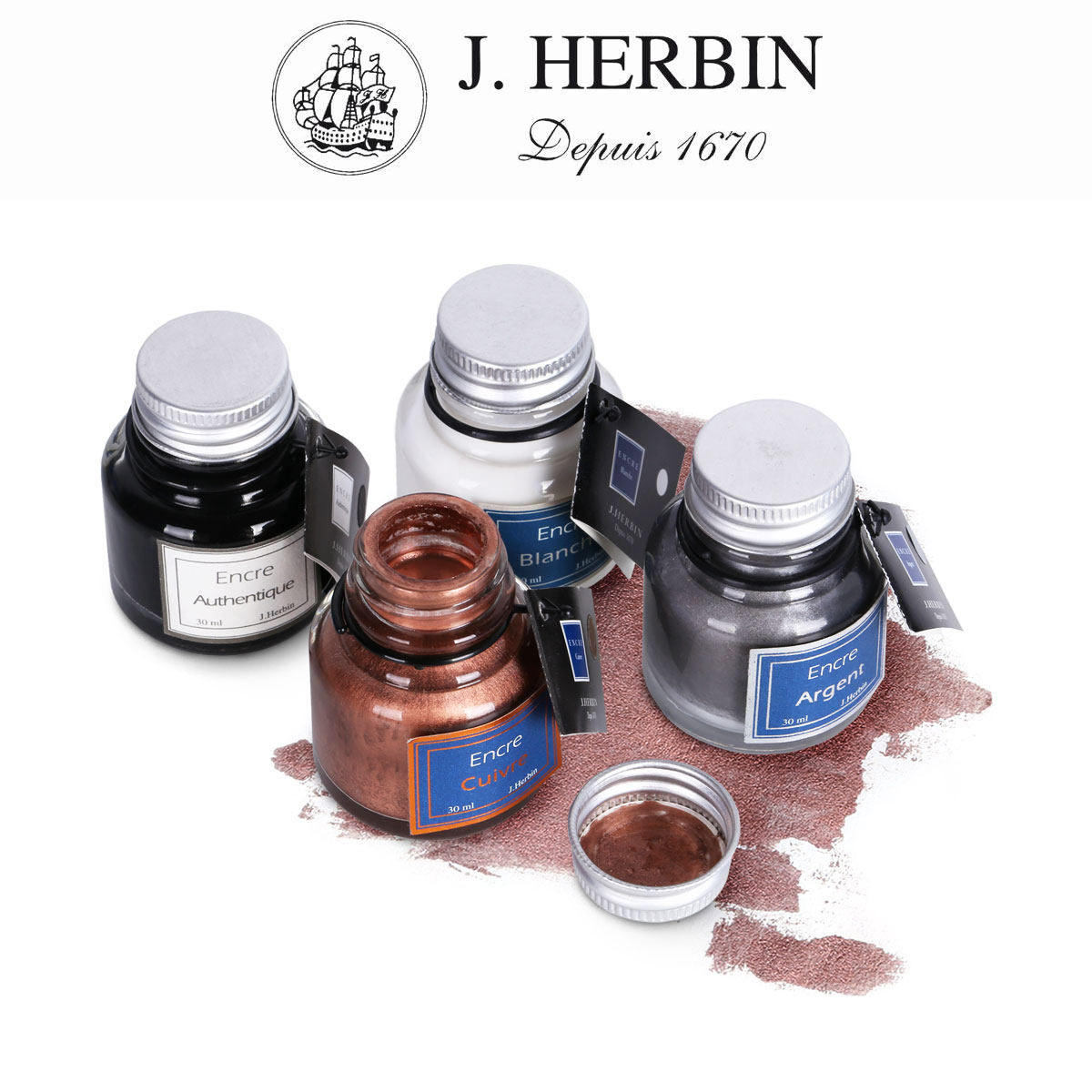法国J.herbin简赫本档案律师墨水30ml金银铜墨水进口金属矿物颜料蘸水笔毛笔墨水绘画高光白颜料不褪色防水_虎窝淘
