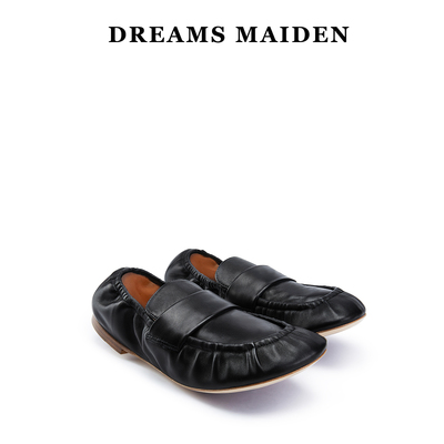 Dreams maiden小众设计师黑色舒适软底褶皱乐福鞋女2024秋季新款