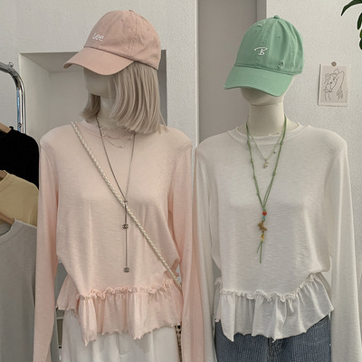 欧玛莱 荷叶边下摆拼接圆领纯色长袖打底衫T恤女春季内搭上衣6863