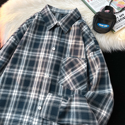 帝创者C2460春秋季格子衬衫男长袖日系宽松外套休闲百搭潮流衬衣