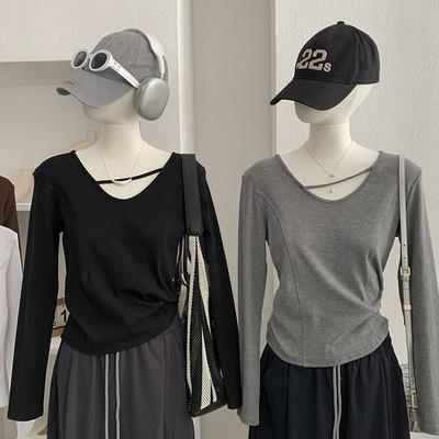 欧玛莱 2026春季新款韩版纯欲风U领长袖T恤修身显瘦打底衫女 6246
