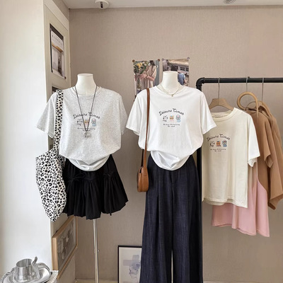 [比正]2026夏季新品 韩系猫咪字母印花宽松显瘦休闲短袖T恤女6176