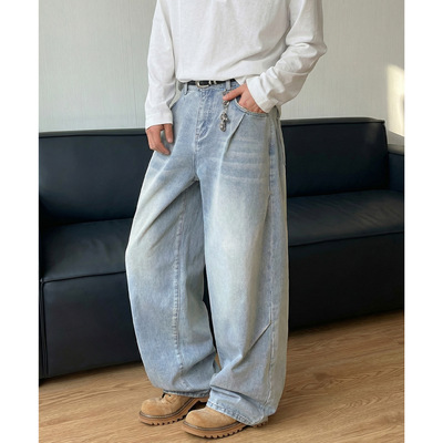 侧边立体打褶做旧水洗牛仔裤男春季款复古baggy廓形弯刀休闲长裤