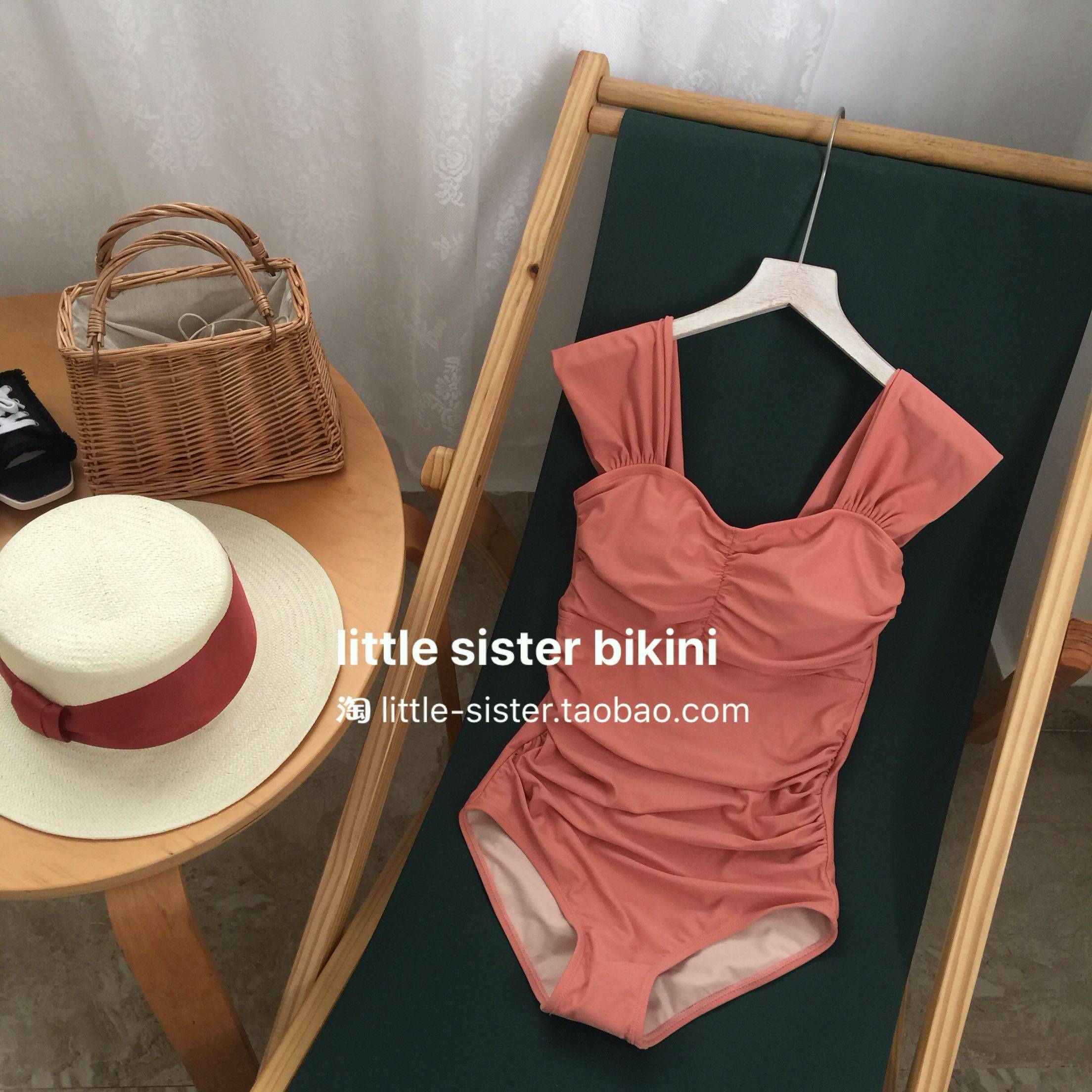 【little sister】纯色遮肚显瘦保守甜美连体泳衣孕妇可穿