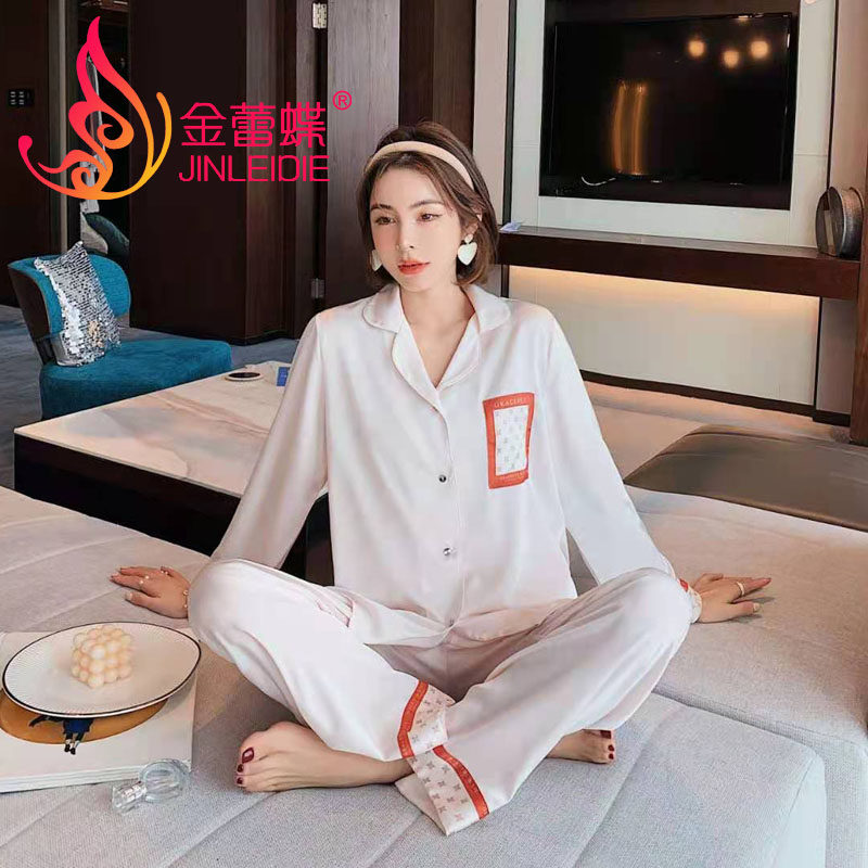 金蕾蝶春秋新款冰雪丝绸长袖裤对襟翻领网红女睡衣家居服套装