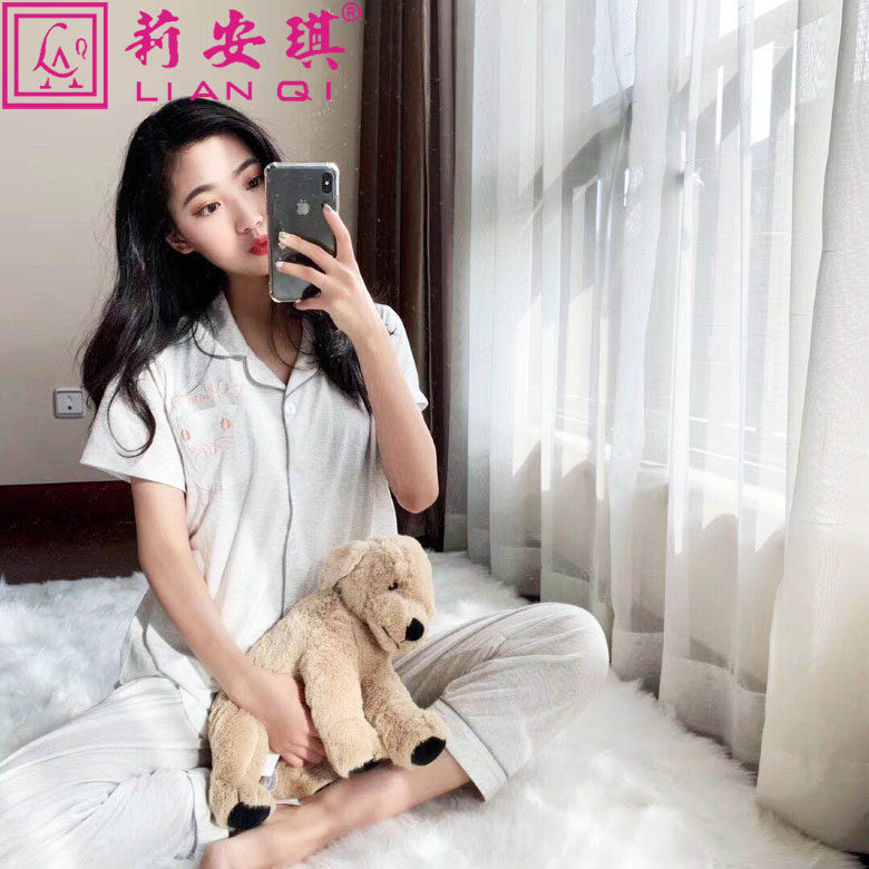 莉安琪正品春秋短长袖裤彩棉翻领对襟猫咪情侣睡衣家居服套装