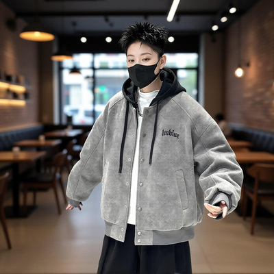 冬季新款连帽夹克加绒加厚棒球服青少年学生宽松外套潮9808