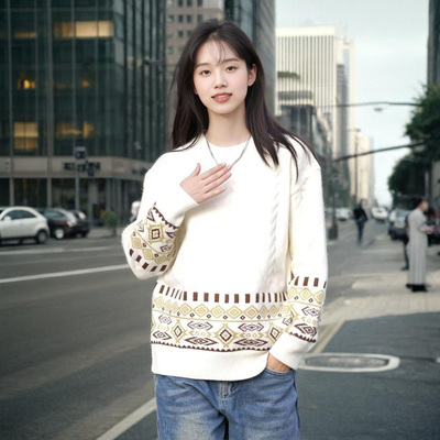 秋冬季加厚圆领男毛衣潮流民族风潮牌时尚高级感休闲针织衫FS721