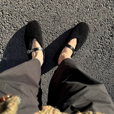 毛毛鞋女玛丽珍一脚蹬鞋黑色单鞋