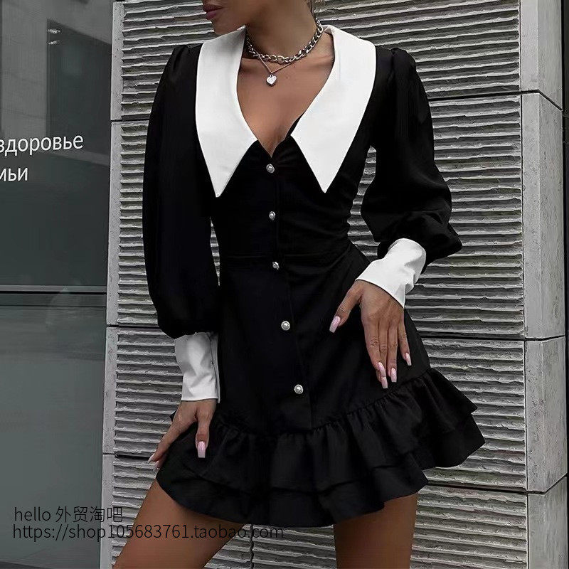 新款时尚气质泡泡袖V领包臀连衣裙 Bubble sleeved V-neck dress