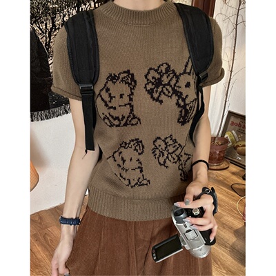 C2自制/美式复古兔子提花短袖针织上衣女夏季百搭简约休闲短款潮