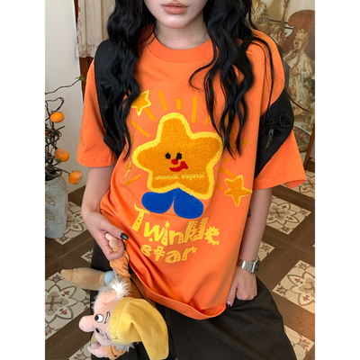 C2自制/多巴胺风毛巾绣星星短袖T恤男女宽松bf风卡通上衣夏季新款