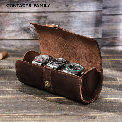 CONTACTS FAMILY复古疯马皮手表盒创意圆形搭扣真皮收纳盒三只装