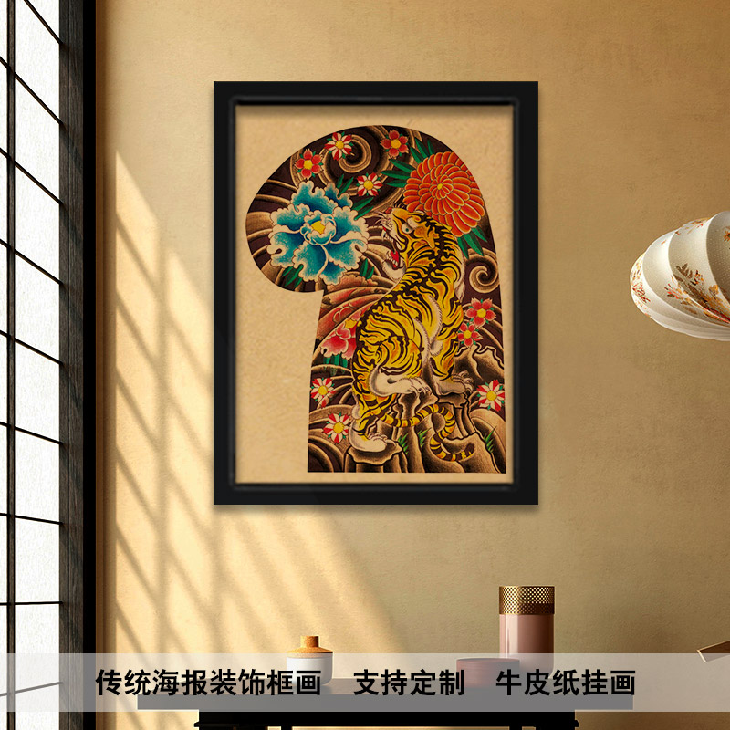 复古牛皮纸海报框画日式传统半胛彩色手稿纹身店装饰挂画壁画包邮