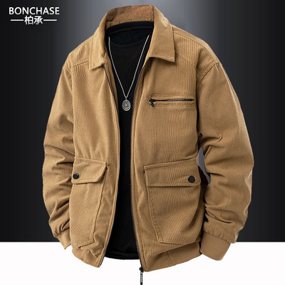 秋冬季户外外套男宽松大码条绒休闲上衣爸爸装休闲灯芯绒翻领夹克