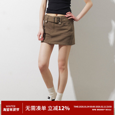 RPB BRAND 简约复古水洗腰带装饰做旧牛仔半身裙女显瘦A字短裙
