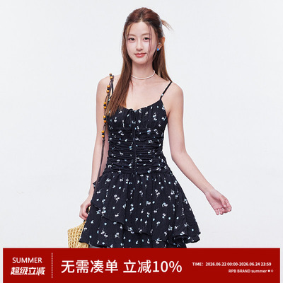 RPB BRAND 法式碎花吊带连衣裙女夏抽绳收腰设计感叠穿A字短裙