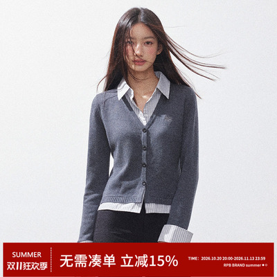 RPB BRAND V领假两件针织衬衫开衫女收腰时尚内搭学院风显瘦上衣