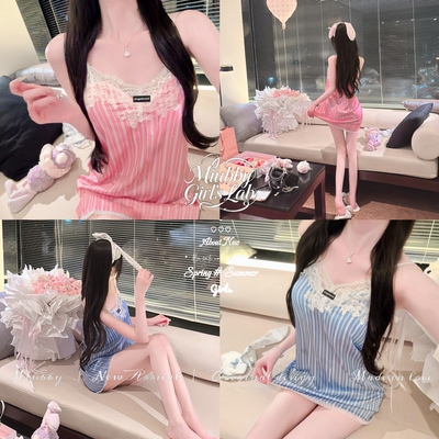 Miubby「miu系少女2.0」夏季纯欲冰丝带胸垫条纹睡裙26新款家居服