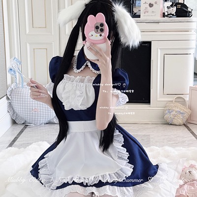 Miubby「雾岛琉璃」日系软妹蕾丝绀色女仆装Lolita花边假领连衣裙