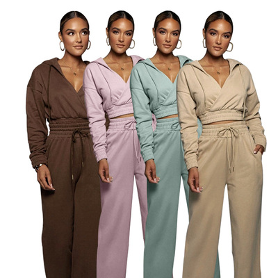 women's Casual solid color hooded hoodie top slim fit pants