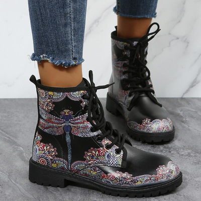 女士高帮涂鸦图案马丁靴大码新43women flat shoes martin boots