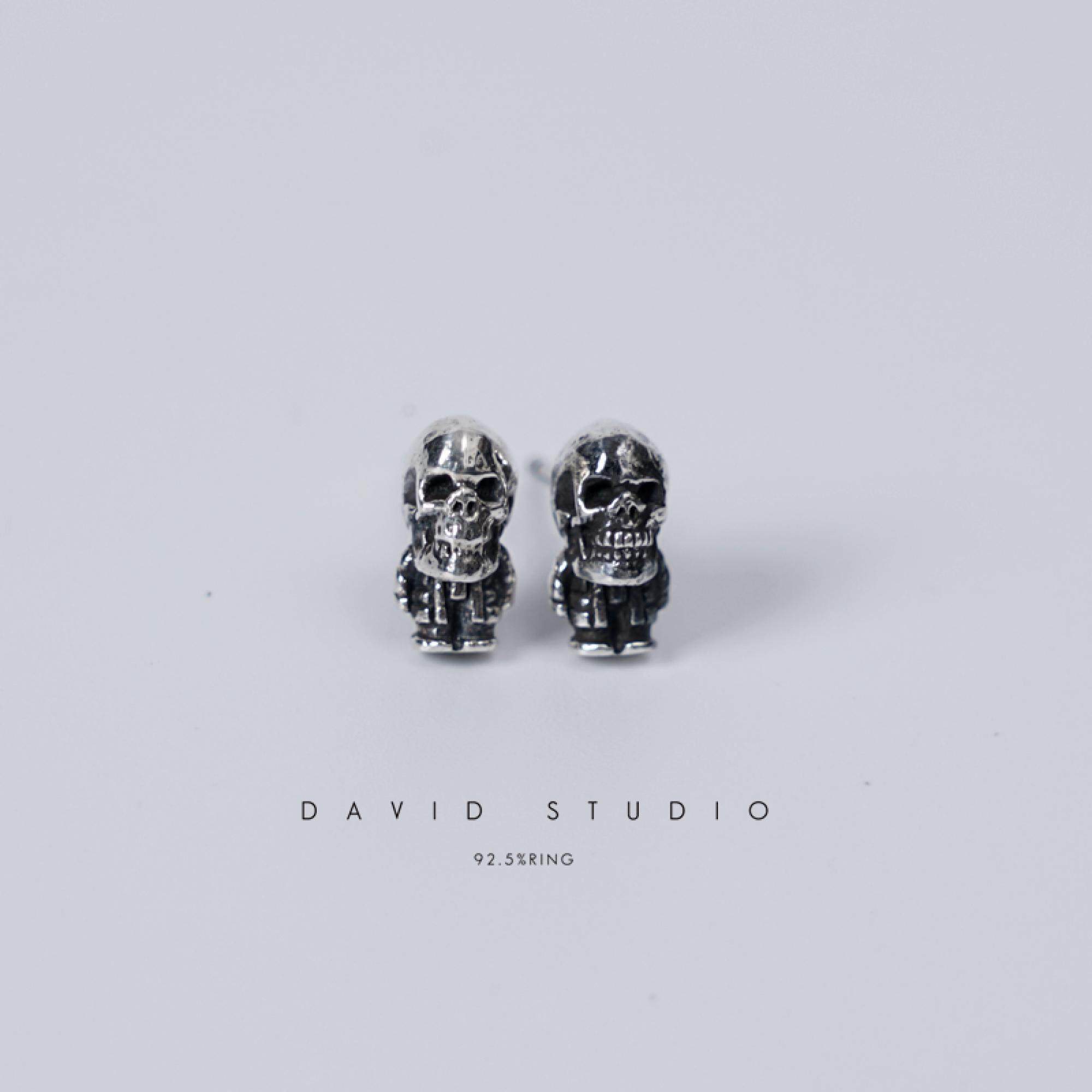 David studio925纯银骷髅小矮人中号耳钉朋克机车DJ同款男女同款_虎窝淘