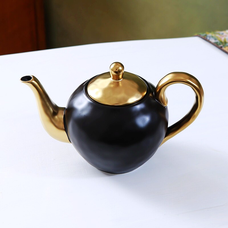欧式工艺黑釉镀金陶瓷大咖啡壶 1200毫升大壶 带过滤孔茶壶 瑕疵