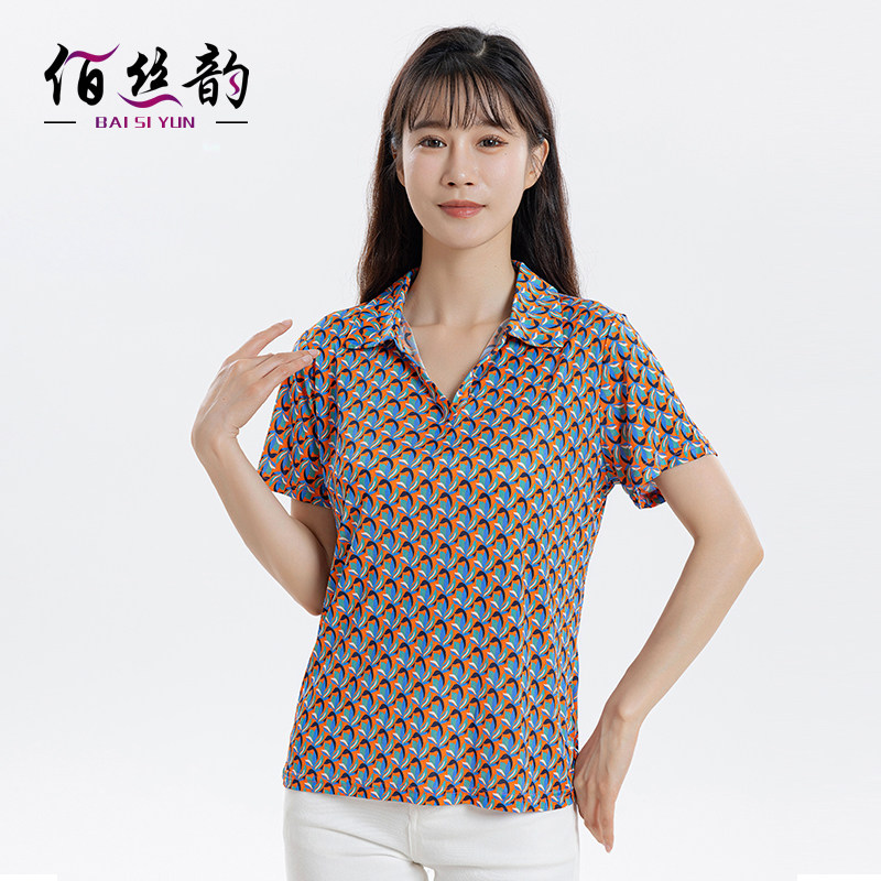 真丝翻领女式T恤夏季新款桑蚕丝宽松大码时尚印花短袖上衣妈妈装