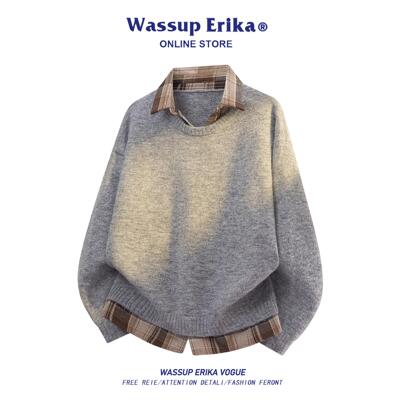 WASSUP ERIKA美式学院风假两件POLO领针织衫男女秋冬拼接毛衣外套