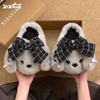 细细条洛丽塔蝴蝶结小兔棉拖鞋