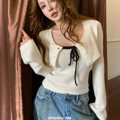 韩国辣妹设计感绑带抹胸针织衫