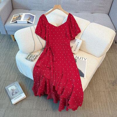 130-350斤大码女装胖mm夏季新款复古波点短袖连衣裙不规则荷叶边