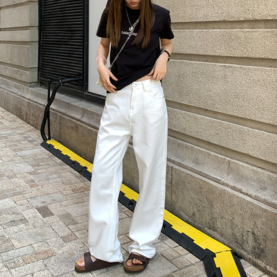 白色直筒牛仔裤女高腰显瘦阔腿裤