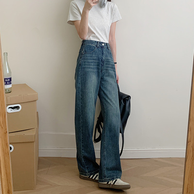 直筒复古牛仔裤显瘦高腰阔腿裤