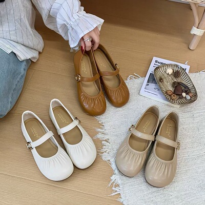 FGZ2026新款褶皱软皮奶奶鞋韩版气质仙女风软皮平底芭蕾单鞋2301