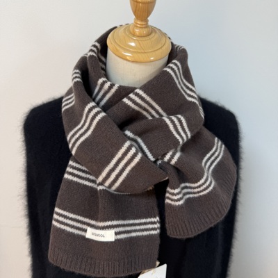 日系复古条纹咖色针织围巾女冬季加厚保暖学生情侣围脖百搭披肩男