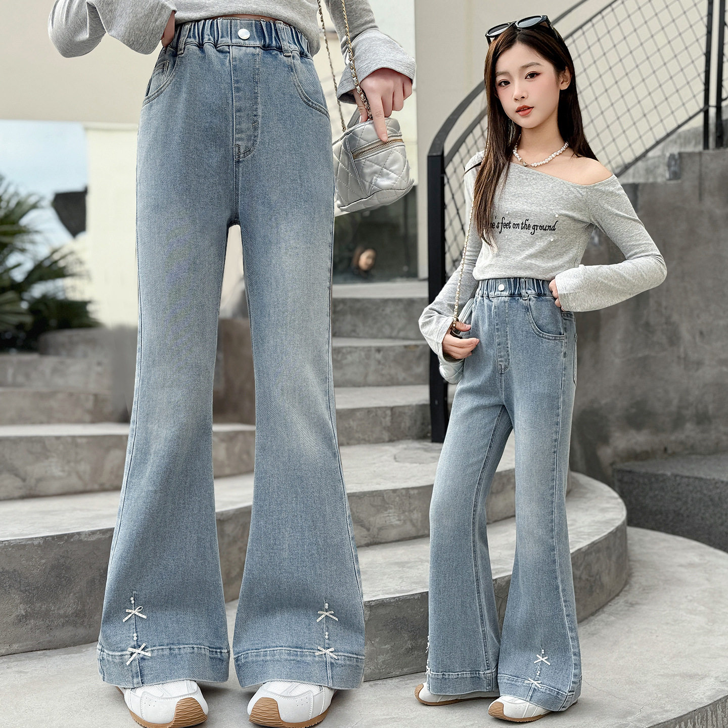 女童牛仔裤子春秋款2026新款儿童蝴蝶结珍珠弹力喇叭裤修身裤子潮