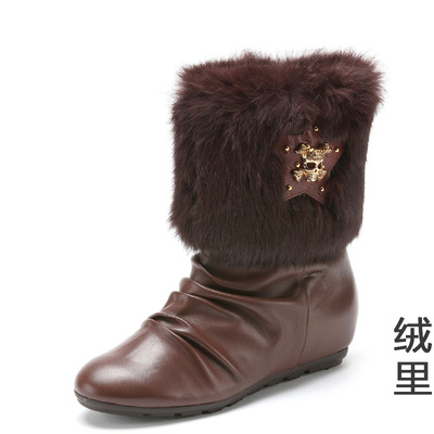 加绒棉靴真皮短靴子女冬牛皮兔毛