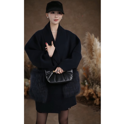 黑色毛毛拼接口袋毛呢大衣外套女