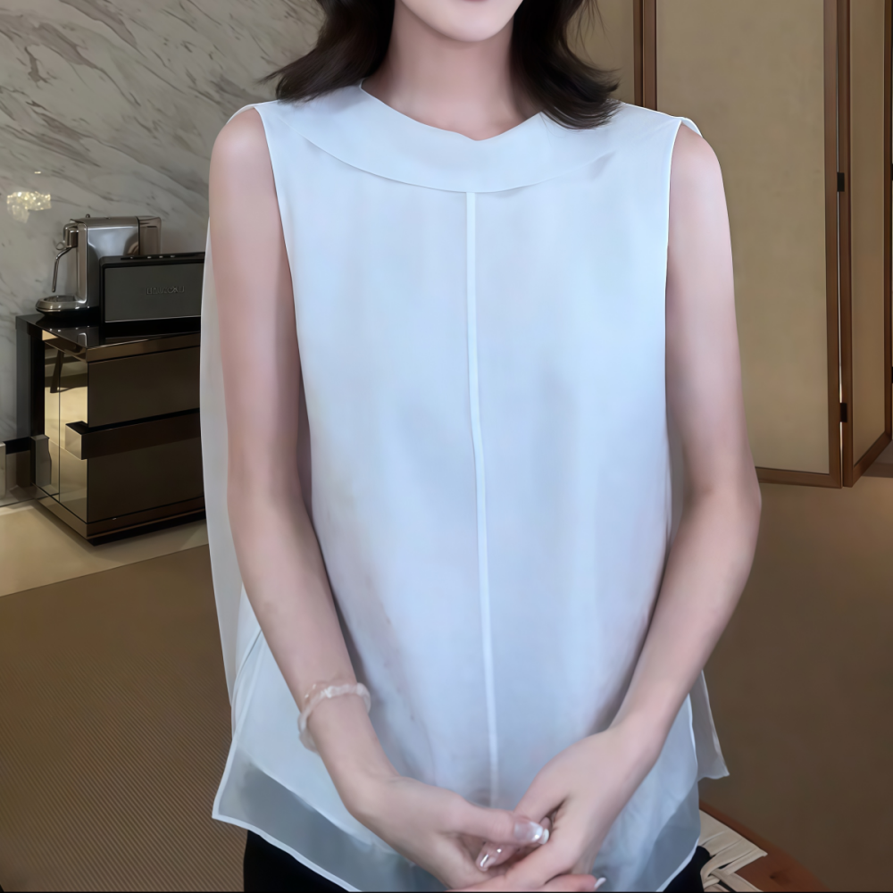 雪纺铜氨纸感 飘带套头上衣夏季汉服百搭纯色简约飘带套头上衣女