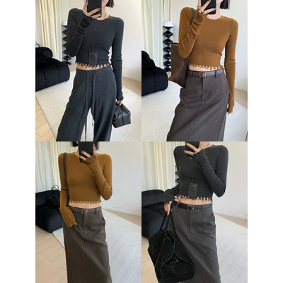 流苏勾边羊毛圆领套头针织衫