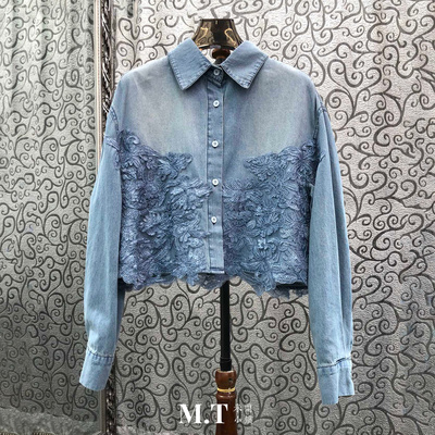 米兰小镇南油高版欧货别致蕾丝贴花短款宽松水洗长袖牛仔衬衫女D4