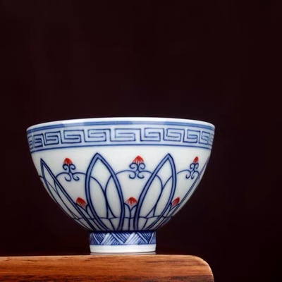 永乐青花釉里红宝相鸡心杯主人杯 景德镇仿古瓷器古玩茶具收藏品