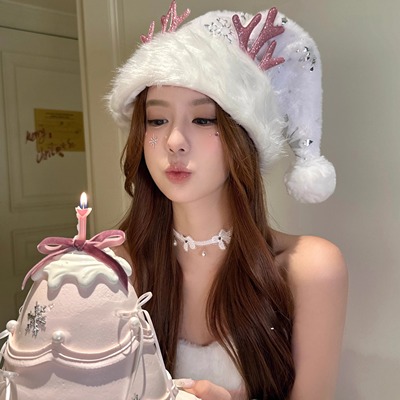 圣诞美神新款雪花粉鹿角圣诞帽